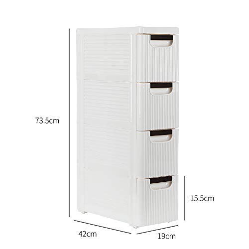 DOLFISH Rolling Cart Organizer Unit with Wheels, for Bathroom Bedroom Closet Living Room 4Tiers PP Plastic Narrow Slim Container Storage Cabinet, White