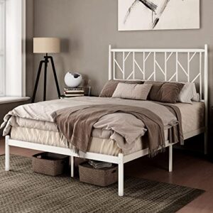 allewie queen size platform bed frame with vintage headboard, 14 inches metal mattress foundation for storage, no box spring needed, easy assembly, modern, white