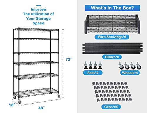 BIQWBIC 6 Tier Storage Shelves Wire Shelving Unit, 48" Lx18 Wx72 H Adjustable Heavy Duty Metal Shelving Rack with Wheels, NSF Adjustable Storage Shelf Garage Shelves-1320 Lbs Capacity, Black