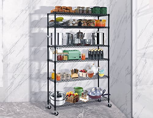 BIQWBIC 6 Tier Storage Shelves Wire Shelving Unit, 48" Lx18 Wx72 H Adjustable Heavy Duty Metal Shelving Rack with Wheels, NSF Adjustable Storage Shelf Garage Shelves-1320 Lbs Capacity, Black