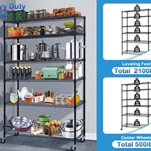 BIQWBIC 6 Tier Storage Shelves Wire Shelving Unit, 48" Lx18 Wx72 H Adjustable Heavy Duty Metal Shelving Rack with Wheels, NSF Adjustable Storage Shelf Garage Shelves-1320 Lbs Capacity, Black