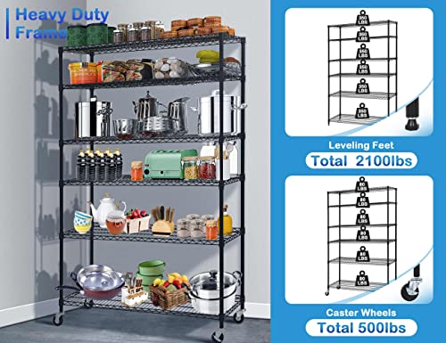 BIQWBIC 6 Tier Storage Shelves Wire Shelving Unit, 48" Lx18 Wx72 H Adjustable Heavy Duty Metal Shelving Rack with Wheels, NSF Adjustable Storage Shelf Garage Shelves-1320 Lbs Capacity, Black