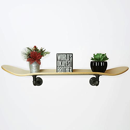 Floating Industrial Style Skateboard Deck Shelf with Pipe Mounting System – Custom Made Indoor Skate Shelving - Maple Wall Mount - 7.75" Dipped Black