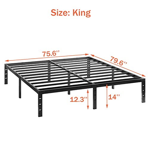 zunatu 14 Inch King Metal Bed Frame Foundation No Box Spring Needed Heavy Duty Tall Platform with Large Storage Easy Assembly Mattress Noise Free, Black