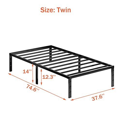 zunatu 14 Inch Twin Metal Bed Frame Foundation No Box Spring Needed Heavy Duty Tall Platform with Large Storage Easy Assembly Mattress Noise Free, Black