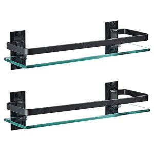 aijaly 2 pack bathroom glass shelf,aluminum tempered glass 0.34in extra thick rectangular 1 tier storage organizer wall mount,black 15.7in