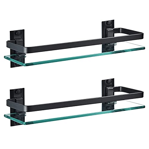 AIJALY 2 Pack Bathroom Glass Shelf,Aluminum Tempered Glass 0.34in Extra Thick Rectangular 1 Tier Storage Organizer Wall Mount,Black 15.7in