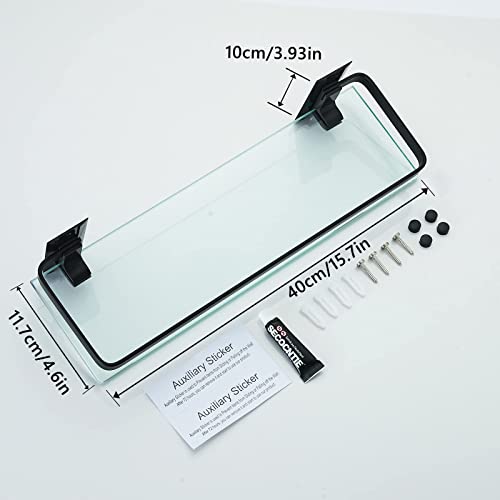 AIJALY 2 Pack Bathroom Glass Shelf,Aluminum Tempered Glass 0.34in Extra Thick Rectangular 1 Tier Storage Organizer Wall Mount,Black 15.7in