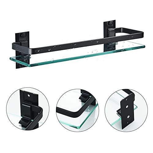 AIJALY 2 Pack Bathroom Glass Shelf,Aluminum Tempered Glass 0.34in Extra Thick Rectangular 1 Tier Storage Organizer Wall Mount,Black 15.7in