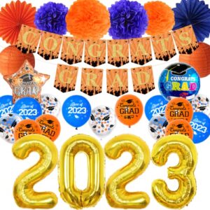 2023 graduation decorations orange blue, congrats grad banner 2023 gold foil number balloons paper fans lanterns pom poms flowers for class of 2023 grad party supplies university college decor