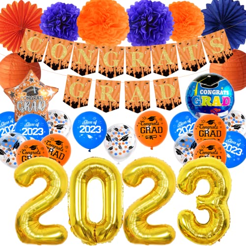 2023 Graduation Decorations Orange Blue, Congrats Grad Banner 2023 Gold Foil Number Balloons Paper Fans lanterns Pom Poms Flowers for Class of 2023 Grad Party Supplies University College Decor