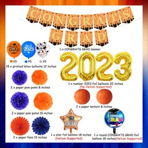 2023 Graduation Decorations Orange Blue, Congrats Grad Banner 2023 Gold Foil Number Balloons Paper Fans lanterns Pom Poms Flowers for Class of 2023 Grad Party Supplies University College Decor