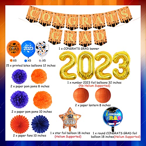 2023 Graduation Decorations Orange Blue, Congrats Grad Banner 2023 Gold Foil Number Balloons Paper Fans lanterns Pom Poms Flowers for Class of 2023 Grad Party Supplies University College Decor