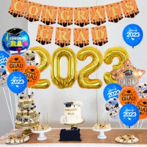 2023 Graduation Decorations Orange Blue, Congrats Grad Banner 2023 Gold Foil Number Balloons Paper Fans lanterns Pom Poms Flowers for Class of 2023 Grad Party Supplies University College Decor