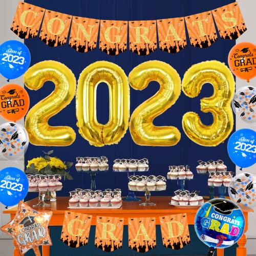 2023 Graduation Decorations Orange Blue, Congrats Grad Banner 2023 Gold Foil Number Balloons Paper Fans lanterns Pom Poms Flowers for Class of 2023 Grad Party Supplies University College Decor