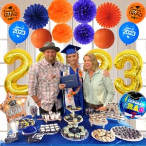 2023 Graduation Decorations Orange Blue, Congrats Grad Banner 2023 Gold Foil Number Balloons Paper Fans lanterns Pom Poms Flowers for Class of 2023 Grad Party Supplies University College Decor