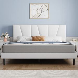 molblly queen bed frame upholstered platform with headboard and strong wooden slats, strong weight capacity, non-slip and noise-free,no box spring needed, easy assembly,off-white