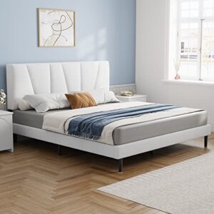 Molblly Queen Bed Frame Upholstered Platform with Headboard and Strong Wooden Slats, Strong Weight Capacity, Non-Slip and Noise-Free,No Box Spring Needed, Easy Assembly,Off-White