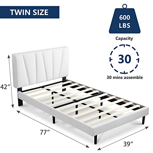 Molblly Twin Bed Frame Upholstered Platform with Headboard and Strong Wooden Slats, Strong Weight Capacity, Non-Slip and Noise-Free,No Box Spring Needed, Easy Assembly,Off-White