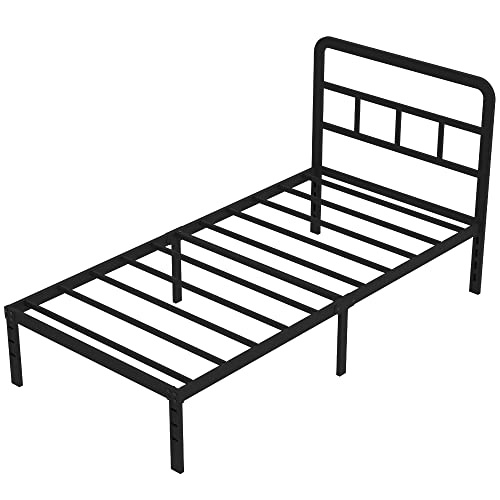 DiaOutro Metal Platform Twin Bed Frames with Headboard, 14 Inch No Box Spring Needed Heavy Duty Steel Slat Mattress Foundation/Easy Assembly/Noise Free/Black