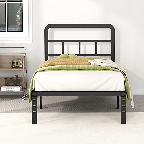 DiaOutro Metal Platform Twin Bed Frames with Headboard, 14 Inch No Box Spring Needed Heavy Duty Steel Slat Mattress Foundation/Easy Assembly/Noise Free/Black