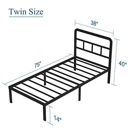 DiaOutro Metal Platform Twin Bed Frames with Headboard, 14 Inch No Box Spring Needed Heavy Duty Steel Slat Mattress Foundation/Easy Assembly/Noise Free/Black