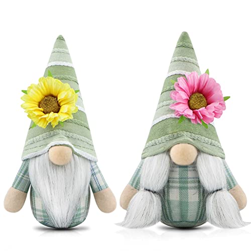 Gehydy Set of 2 Summer Gnomes Plush Flower Decoration Spring Gnome Gift Handmade Green Scandinavian Tomte Stuffed Xmas Decor for Home Kitchen Tiered Tray