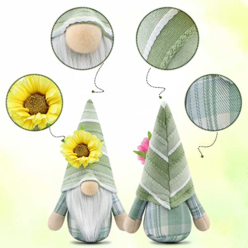 Gehydy Set of 2 Summer Gnomes Plush Flower Decoration Spring Gnome Gift Handmade Green Scandinavian Tomte Stuffed Xmas Decor for Home Kitchen Tiered Tray