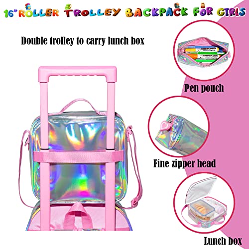 Egchescebo Kids Love Rolling Roller Backpack for Girls Girl Childrens Kid Suitcases Luggage Lunch Box with Wheels School Bags 16“ 3Pcs Kids Wheeled Backpack Pink Bright Trolley