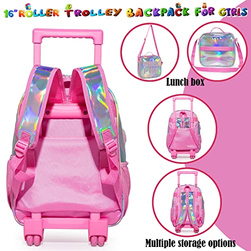 Egchescebo Kids Love Rolling Roller Backpack for Girls Girl Childrens Kid Suitcases Luggage Lunch Box with Wheels School Bags 16“ 3Pcs Kids Wheeled Backpack Pink Bright Trolley