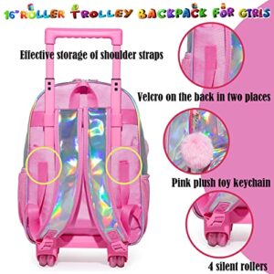 Egchescebo Kids Love Rolling Roller Backpack for Girls Girl Childrens Kid Suitcases Luggage Lunch Box with Wheels School Bags 16“ 3Pcs Kids Wheeled Backpack Pink Bright Trolley