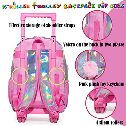 Egchescebo Kids Love Rolling Roller Backpack for Girls Girl Childrens Kid Suitcases Luggage Lunch Box with Wheels School Bags 16“ 3Pcs Kids Wheeled Backpack Pink Bright Trolley