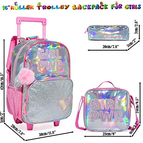 Egchescebo Kids Love Rolling Roller Backpack for Girls Girl Childrens Kid Suitcases Luggage Lunch Box with Wheels School Bags 16“ 3Pcs Kids Wheeled Backpack Pink Bright Trolley