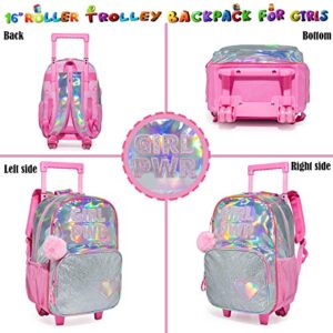 Egchescebo Kids Love Rolling Roller Backpack for Girls Girl Childrens Kid Suitcases Luggage Lunch Box with Wheels School Bags 16“ 3Pcs Kids Wheeled Backpack Pink Bright Trolley