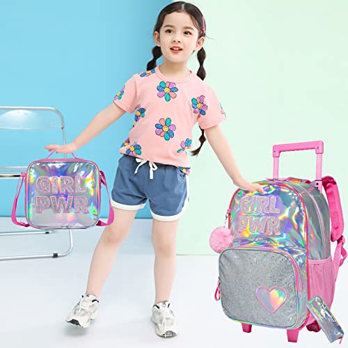 Egchescebo Kids Love Rolling Roller Backpack for Girls Girl Childrens Kid Suitcases Luggage Lunch Box with Wheels School Bags 16“ 3Pcs Kids Wheeled Backpack Pink Bright Trolley