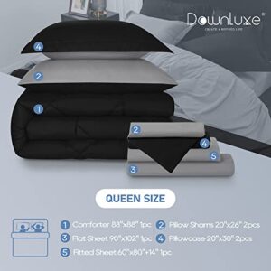 downluxe Bed in a Bag Queen -7 Pieces Queen Comforter Set with Black and Grey Reversible Comforter, Pillow Shams, Flat Sheet, Fitted Sheet and Pillowcases All Seasons Bedding Comforter Sets