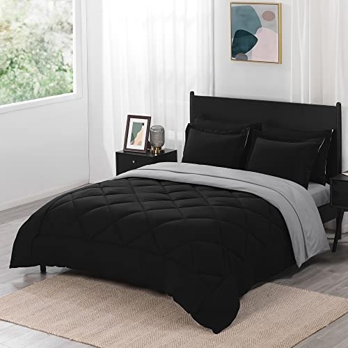 downluxe Bed in a Bag Queen -7 Pieces Queen Comforter Set with Black and Grey Reversible Comforter, Pillow Shams, Flat Sheet, Fitted Sheet and Pillowcases All Seasons Bedding Comforter Sets