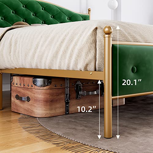 Senfot King Size Bed Frame Upholstered Platform Bed with Velvet and Button Tufted Headboard, Heavy Duty Metal Mattress Foundation and Wooden Slats, No Box Spring Needed in Gold and Green