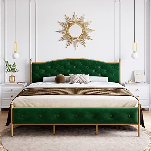 Senfot King Size Bed Frame Upholstered Platform Bed with Velvet and Button Tufted Headboard, Heavy Duty Metal Mattress Foundation and Wooden Slats, No Box Spring Needed in Gold and Green