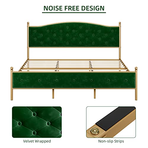 Senfot King Size Bed Frame Upholstered Platform Bed with Velvet and Button Tufted Headboard, Heavy Duty Metal Mattress Foundation and Wooden Slats, No Box Spring Needed in Gold and Green