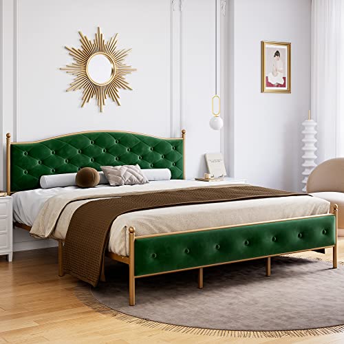 Senfot King Size Bed Frame Upholstered Platform Bed with Velvet and Button Tufted Headboard, Heavy Duty Metal Mattress Foundation and Wooden Slats, No Box Spring Needed in Gold and Green