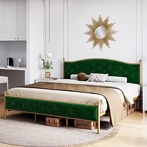 Senfot King Size Bed Frame Upholstered Platform Bed with Velvet and Button Tufted Headboard, Heavy Duty Metal Mattress Foundation and Wooden Slats, No Box Spring Needed in Gold and Green