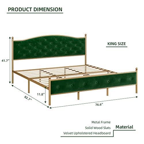 Senfot King Size Bed Frame Upholstered Platform Bed with Velvet and Button Tufted Headboard, Heavy Duty Metal Mattress Foundation and Wooden Slats, No Box Spring Needed in Gold and Green