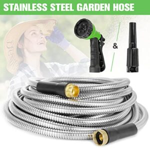 TVKB Metal Garden Hose 304 Stainless Steel Water Hose Super Tough Flexible Water Pipe with 3/4 inch Brass Fittings and Sprayer Nozzle, Kink & Tangle Free, Rust Proof (100FT)