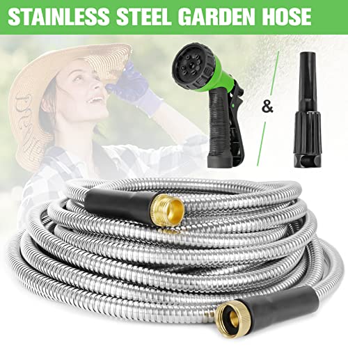 TVKB Metal Garden Hose 304 Stainless Steel Water Hose Super Tough Flexible Water Pipe with 3/4 inch Brass Fittings and Sprayer Nozzle, Kink & Tangle Free, Rust Proof (100FT)