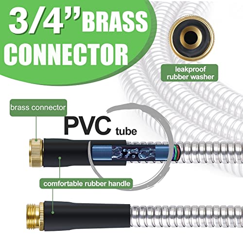 TVKB Metal Garden Hose 304 Stainless Steel Water Hose Super Tough Flexible Water Pipe with 3/4 inch Brass Fittings and Sprayer Nozzle, Kink & Tangle Free, Rust Proof (100FT)