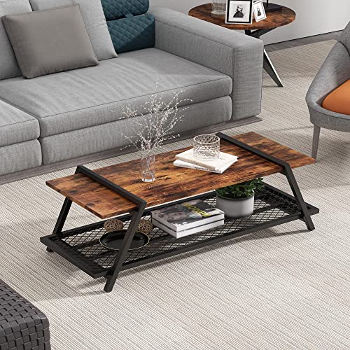 Fulocseny Nesting Coffee Table Cocktail Desk,2Layer,MDF Top, Black Metal Frame - Trapezoidal Legs Storage Space Large Iron Mesh Shelf MDF Desktop,No Screws