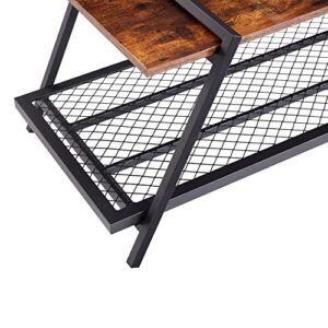 Fulocseny Nesting Coffee Table Cocktail Desk,2Layer,MDF Top, Black Metal Frame - Trapezoidal Legs Storage Space Large Iron Mesh Shelf MDF Desktop,No Screws