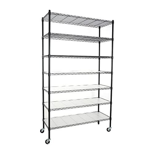 pouseayar 7 Tier NSF Metal Shelf Wire Shelving Unit, 2450lbs Capacity Heavy Duty Adjustable Storage Rack with Wheels & Shelf Liners for Closet Kitchen Garage Basement, 82" H x 48" L x 18" D - Black