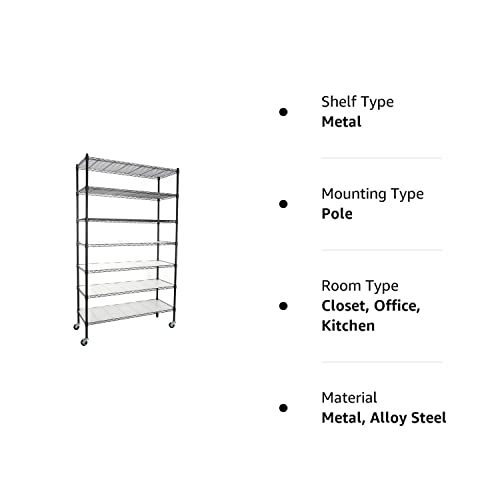 pouseayar 7 Tier NSF Metal Shelf Wire Shelving Unit, 2450lbs Capacity Heavy Duty Adjustable Storage Rack with Wheels & Shelf Liners for Closet Kitchen Garage Basement, 82" H x 48" L x 18" D - Black